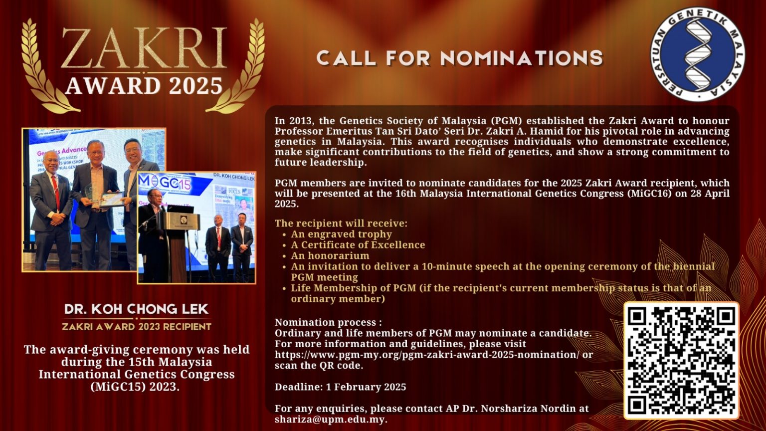 PGM Zakri Award 2025: Calling for Nominations – Persatuan Genetik Malaysia