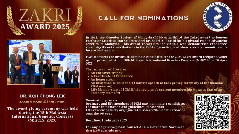 PGM Zakri Award 2025: Calling for Nominations – Persatuan Genetik Malaysia